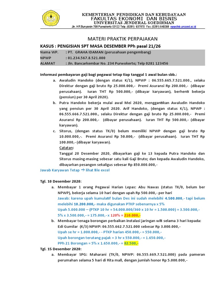 Devika - JAWAB - Kasus 1 SPT Masa PPh21 PT Graha Idaman Desember 2020 | PDF