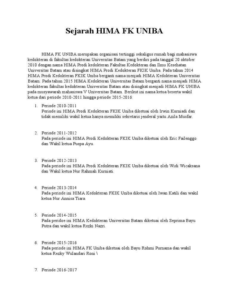 Sejarah HIMA FK UNIBA 2017 Akhir Mau Ke 2018 | PDF