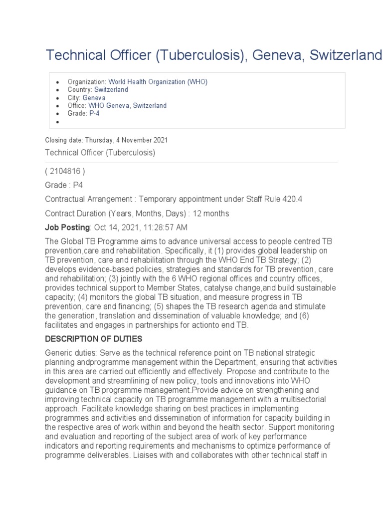 Technical Officer WHO Geneva | PDF | Cost Of Living | World Health ...