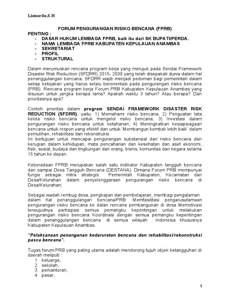 FPRB Kabupaten Anambas: Pengurangan Risiko Bencana | PDF