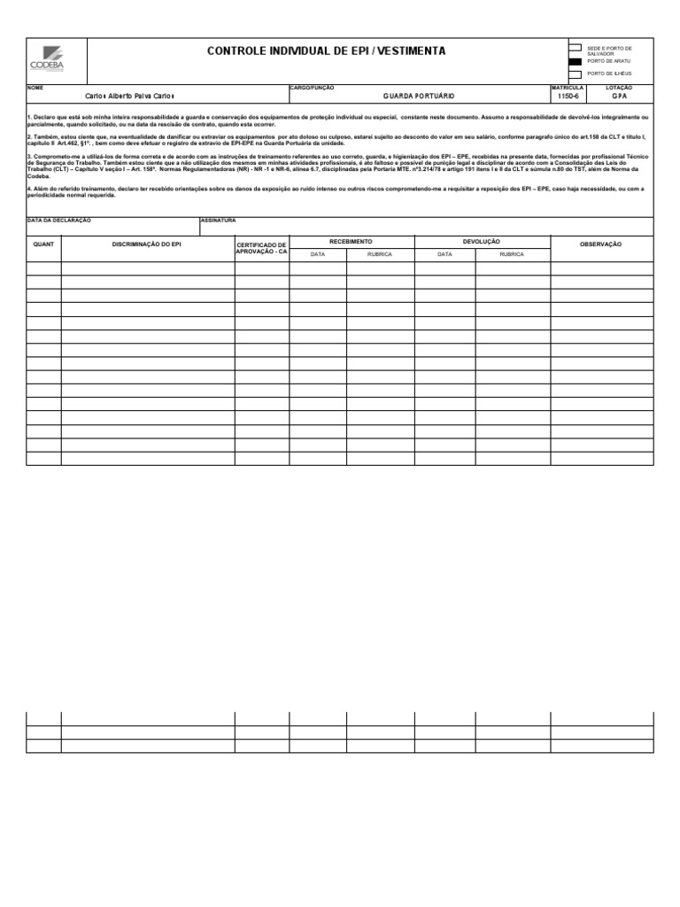 Ficha Individual de EPI - Modelo | PDF