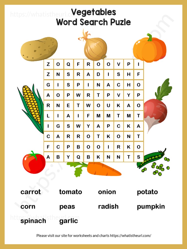 Vegetables Word Search Puzle: Carrot Tomato Onion Potato Corn Peas ...