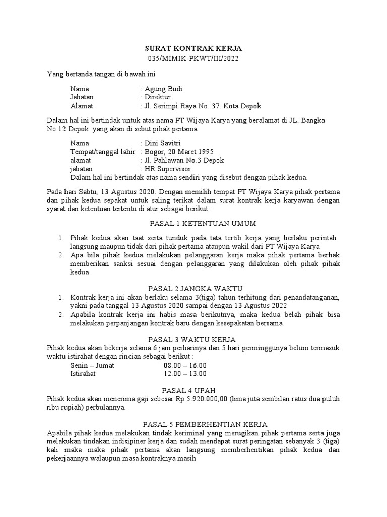 Surat Kontrak Kerja | PDF