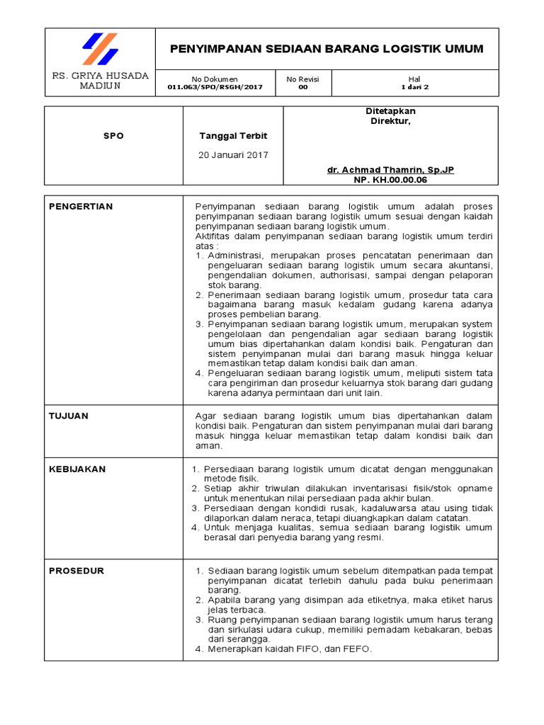 Spo Penyimpanan Sediaan Barang RSGH | PDF