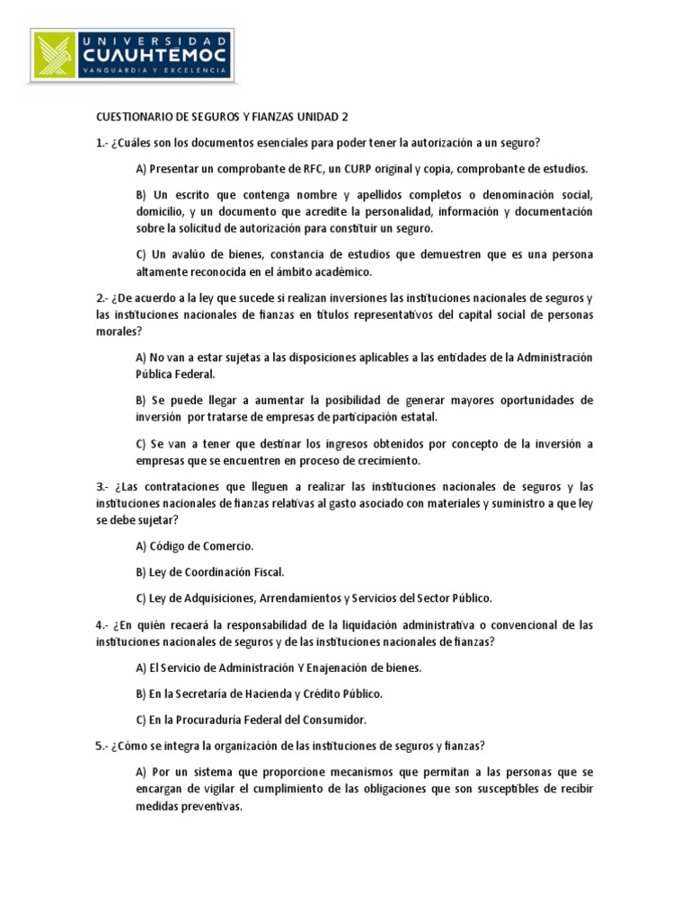 Cuestionario de Seguros y Fianzas Unidad 2 | PDF | Seguro | Business