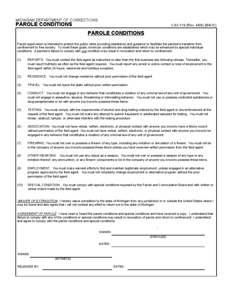 Standard Parole Conditions | Parole | Substance Abuse