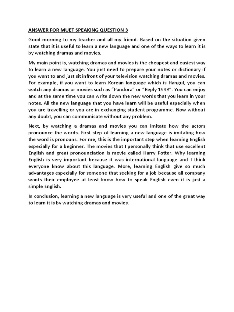 Sample Answer For Muet Speaking Question About Learning A New Language ...