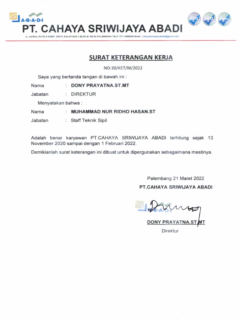 Surat Keterangan Kerja PT. Cahaya Sriwijaya Abadi | PDF