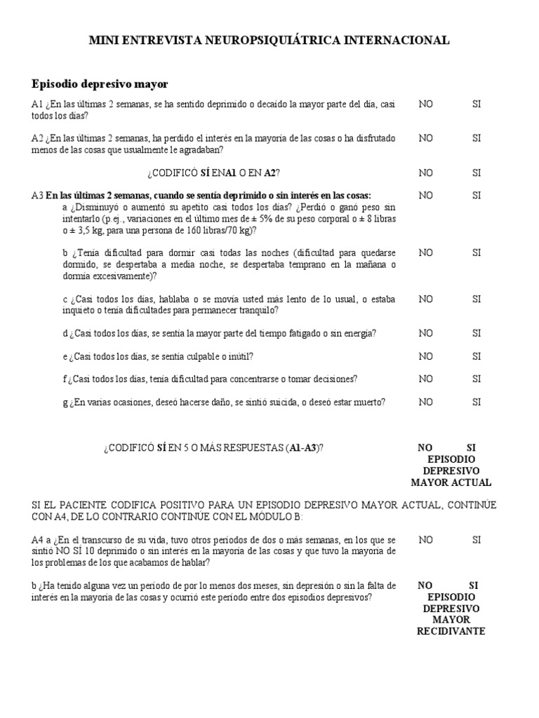 MINI ENTREVISTA NEUROPSIQUIÁTRICA INTERNACIONAL | PDF | Depresión ...
