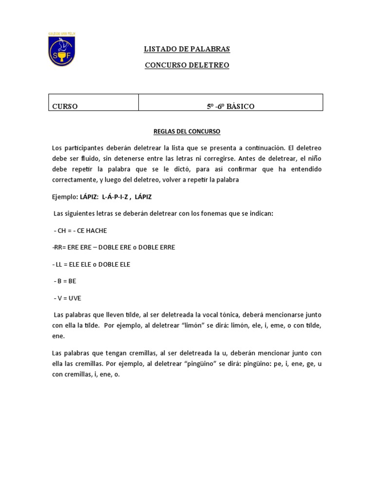 reglas y listado palabras concurso deletreo | PDF