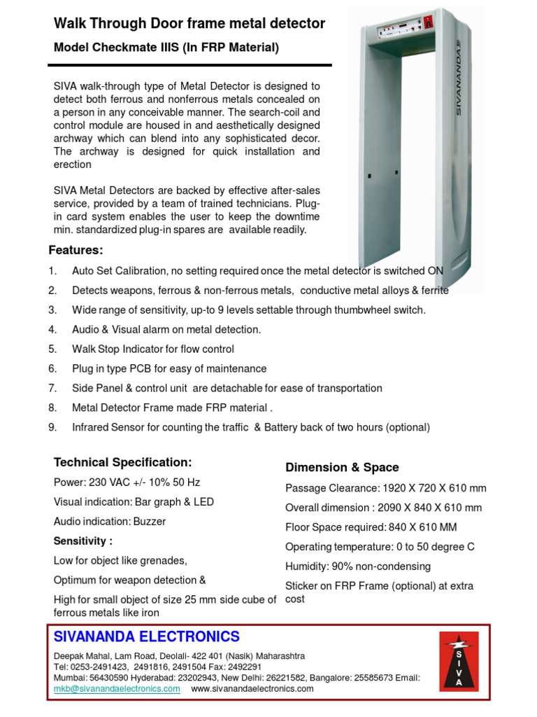 Walk Through Door Frame Metal Detector: Model Checkmate IIIS (In FRP ...