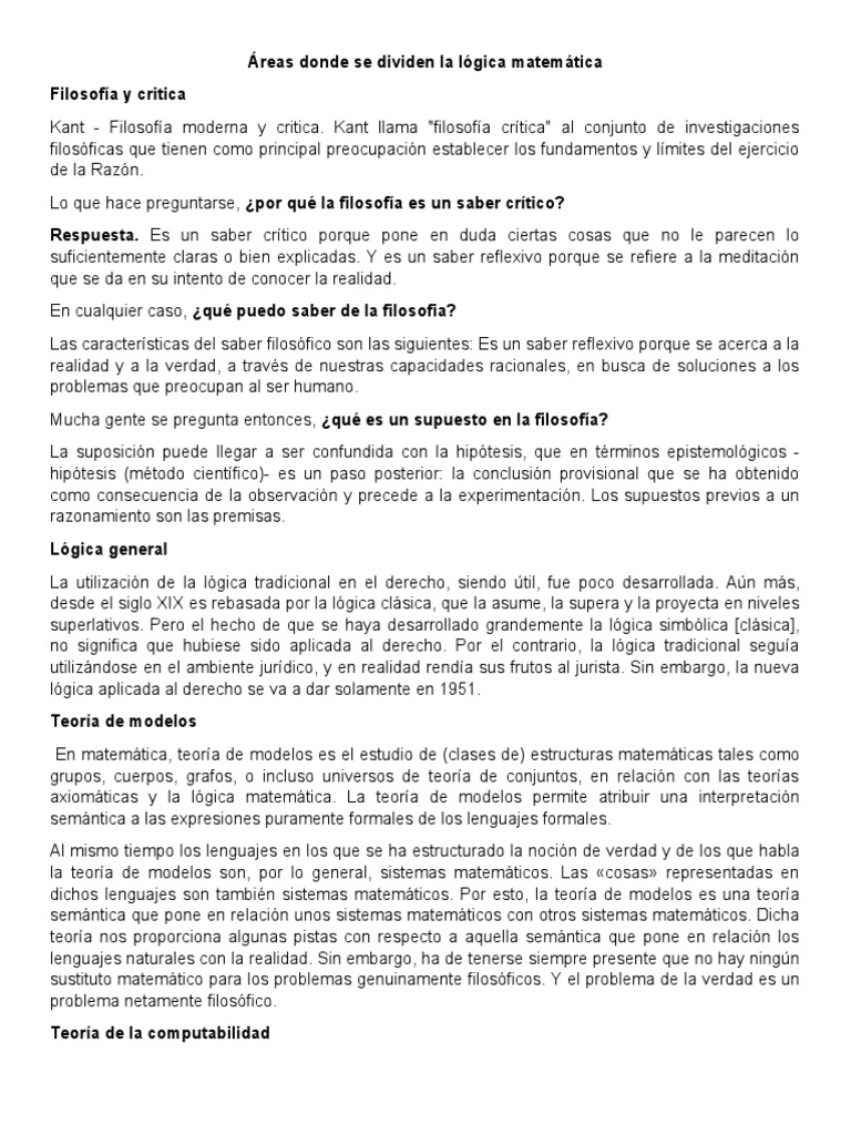 Áreas Donde Se Dividen La Lógica Matemática | PDF | Teoría del modelo ...