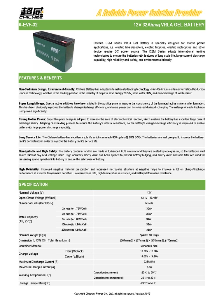6-EVF-32 12V 32ah Vrla Gel Battery: Features & Benefits | PDF ...