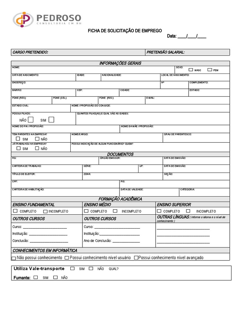 Formulario De Emprego Para Imprimir Gratuitamente Os 5 Principais
