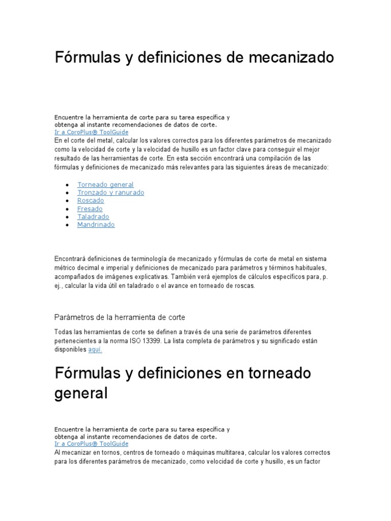 Formulas y Definiciones Sandvik | PDF | Perforar | Rieles