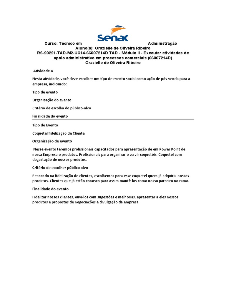 Atividade 4 Uc14 - Grazielle de Oliveira Ribeiro | PDF