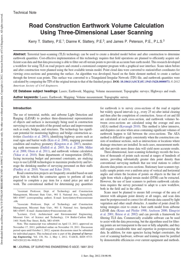 Road Construction Earthwork Volume Calculation Using Three-Dimensional Laser Scanning | PDF ...
