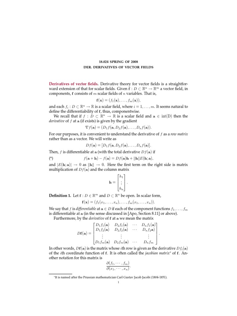 18.024 SPRING OF 2008 Der. Derivatives of Vector Fields | PDF | Derivative | Matrix (Mathematics)
