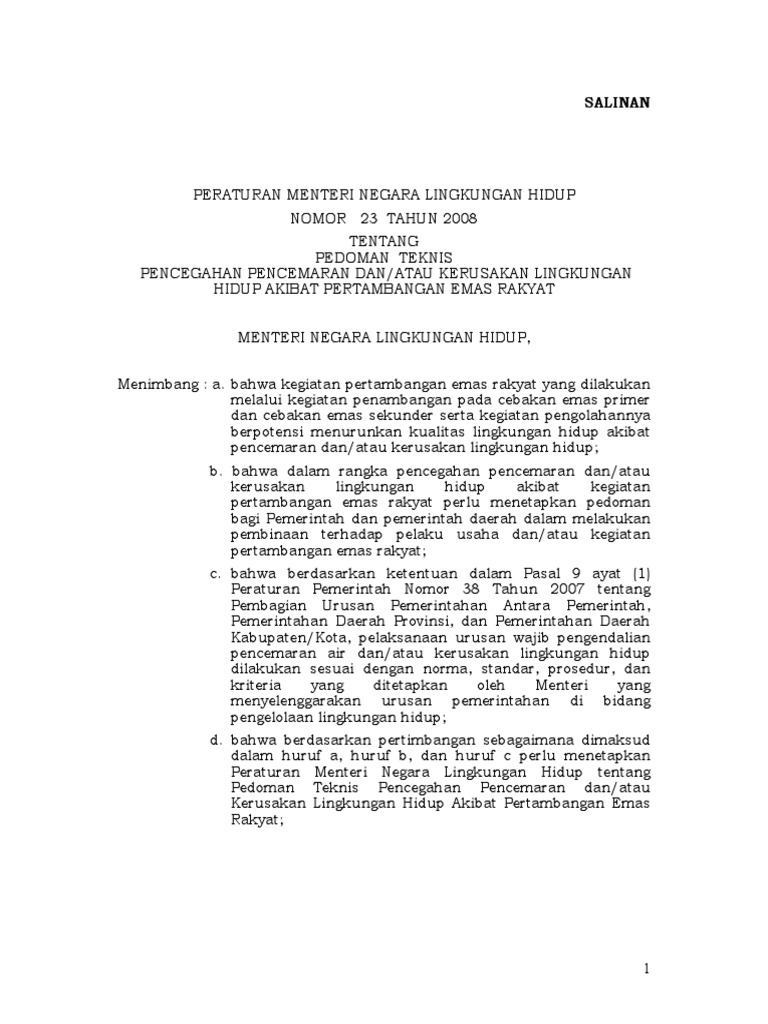 Contoh Pedoman Teknis Pencegahan Pencemaran Akibat Tambang Emas KLKH | PDF