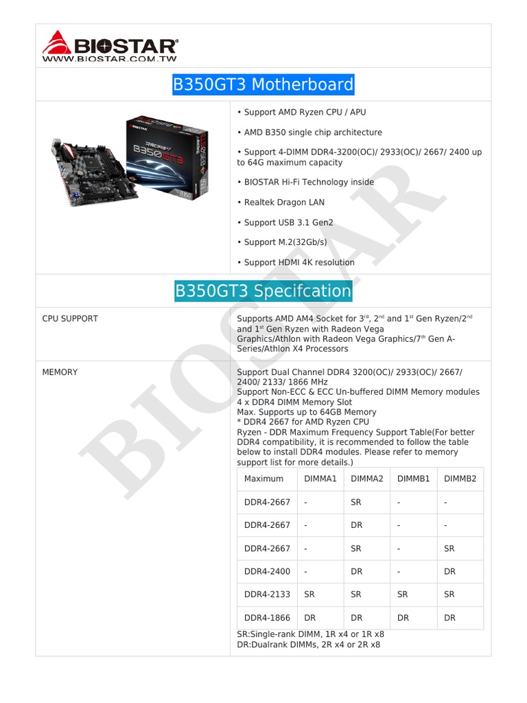Biostar B350GT3 Spec | PDF | Electrostatic Discharge | Usb