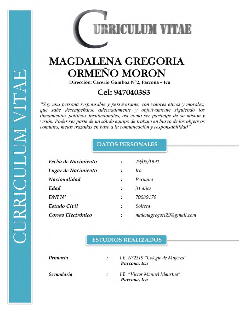 Cv. Magdalena Gregoria Ormeño Moron 2 | PDF