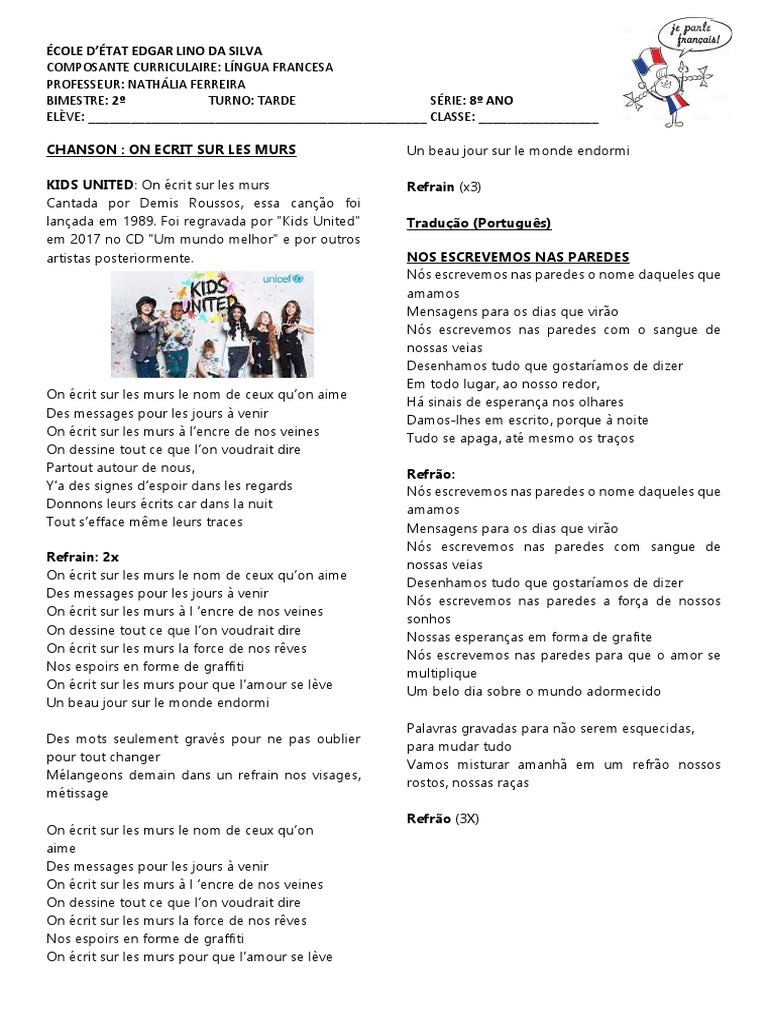 Français - 8º Ano - Chanson On Écrit Sur Les Murs - 2º Bim | PDF | Poésie