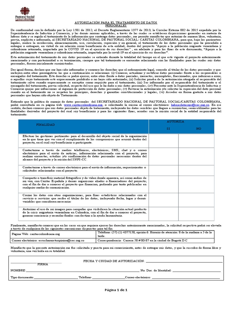 Formato de Autorización para Tratamiento de Datos Personales | Download ...