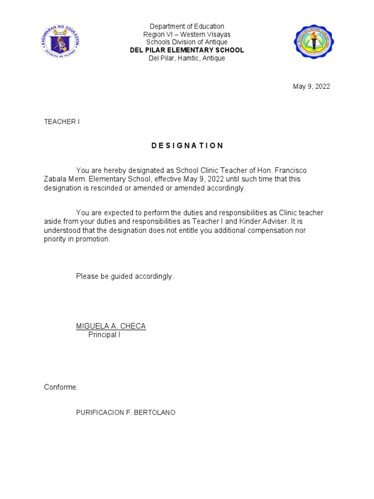 Designation Letter Clinic Teacher | PDF