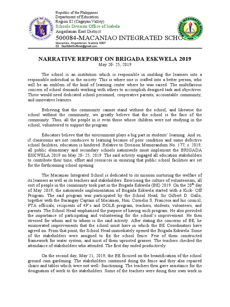 Narrative Report On Brigada Eskwela 2019 | PDF | Schools