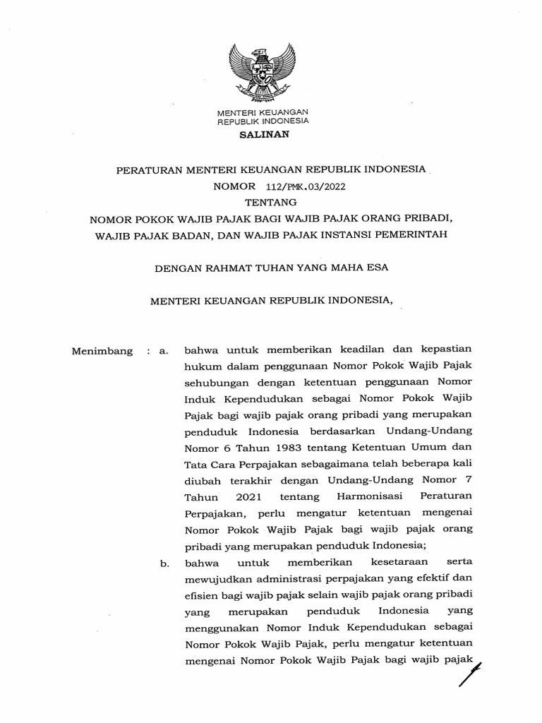 PMK Nomor 112 - PMK.03 - 2022 Tentang NPWP ... | PDF
