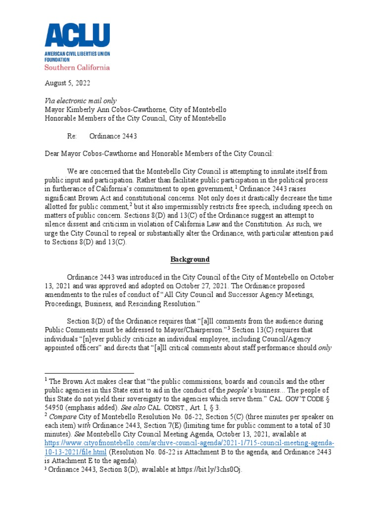 Montebello's Public Comment Rules | PDF | First Amendment To The United ...