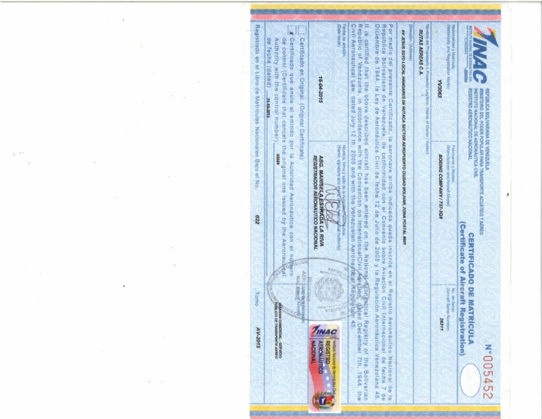 Certificado de Matricula Yv3063 | PDF