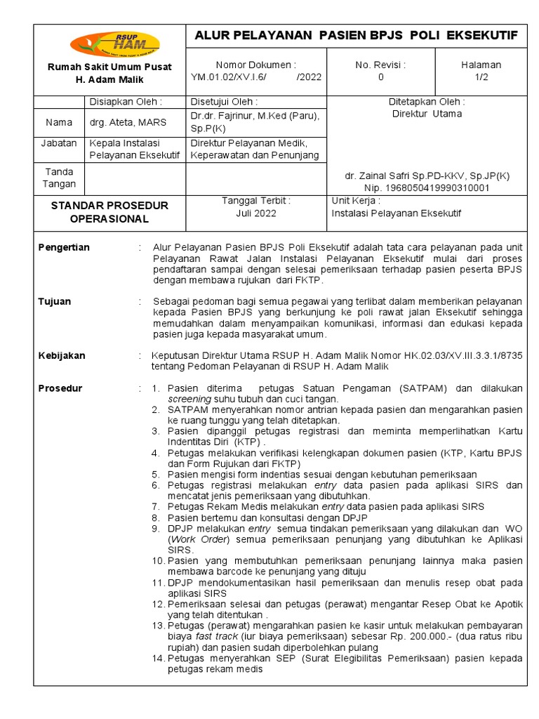 SPO Alur Pelayan Pasien BPJS Poli Eksekutif-1658473463 | PDF