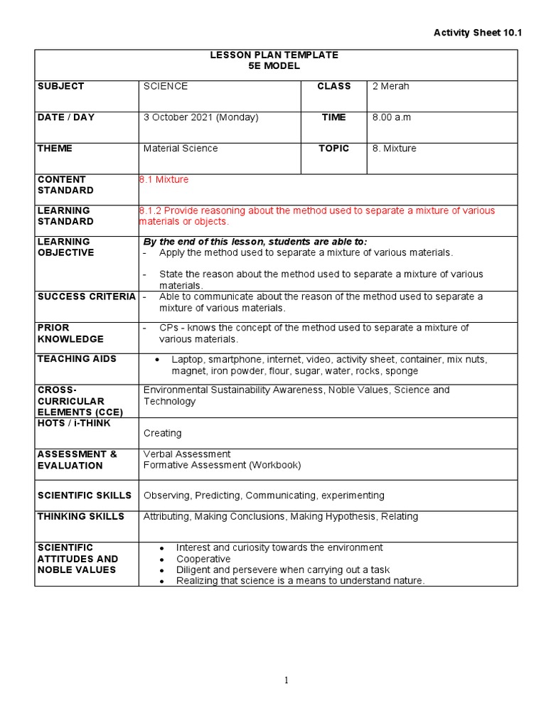 Activity Sheet 10.1 Lesson Plan Template - 5E Model | PDF | Science ...