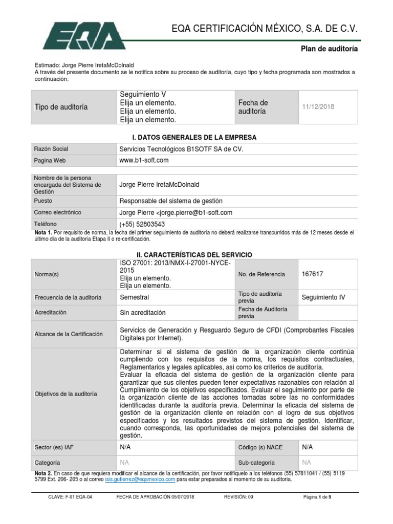 EQA - Plan de Auditoria ISO 27001 - 2013 Seguimiento - V | PDF ...