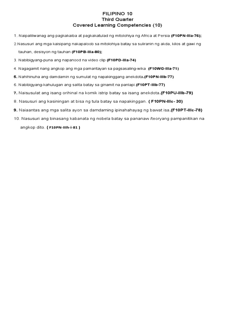FILIPINO 10 Learning Competencies Covered Not Coverd 3rd 4th Quarter | PDF