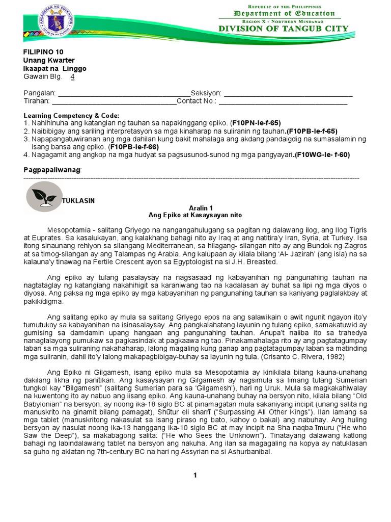 1st Quarter Filipino 10 Week 4 SLM | PDF