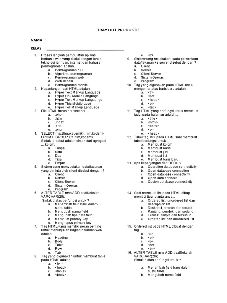Soal Pilihan Ganda Pemrograman Web dan SQL | PDF | Komputer