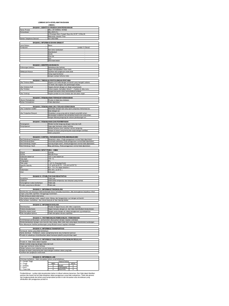 MSDS MILL 26 Karbol Wangi | PDF