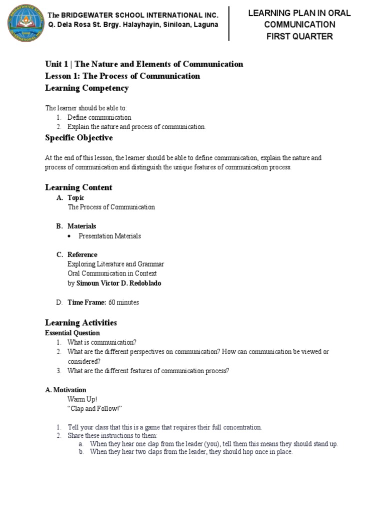 Lesson Plan in Oral Communication | PDF | Communication | Learning