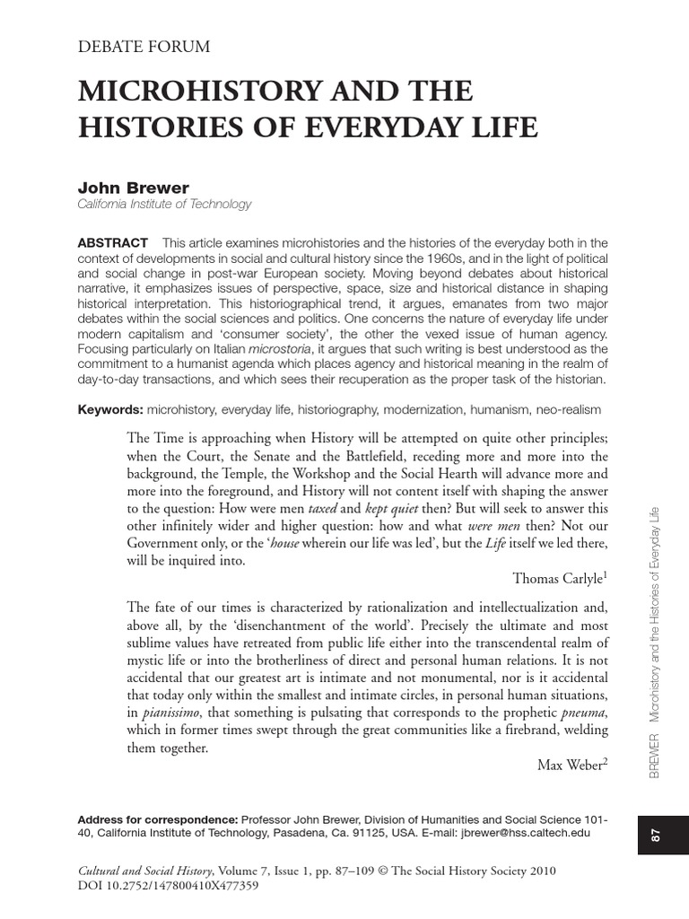 JOHN BREWER - Microhistory and The Histories of Everyday Life | PDF ...