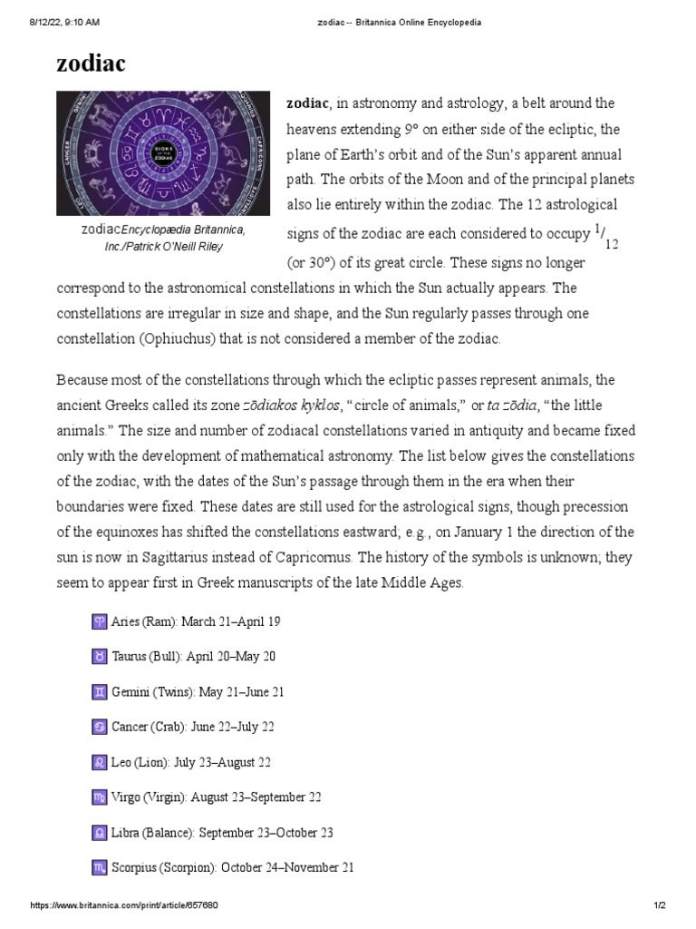 Zodiac: Zodiac, in Astronomy and Astrology, A Belt Around The | PDF ...