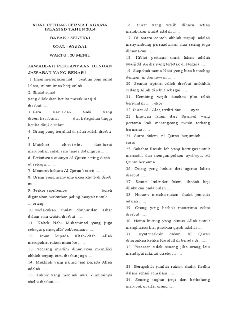 Soal Cerdas Cermat Pai | PDF | Agama & Spiritualitas