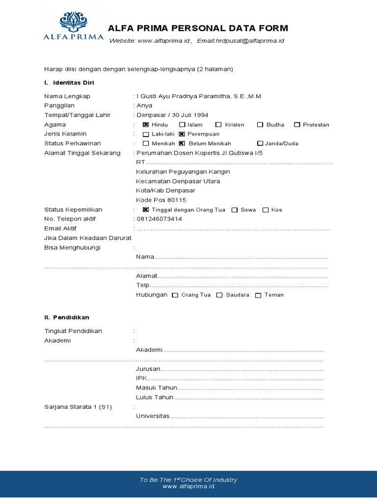 Alfa Prima Personal Data Form | PDF | Karier & Perkembangan