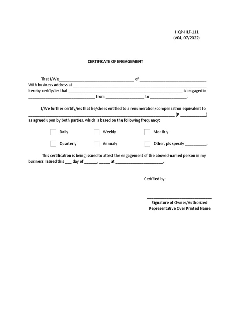 Certificate of Engagement: Attesting to the Employment Period ...