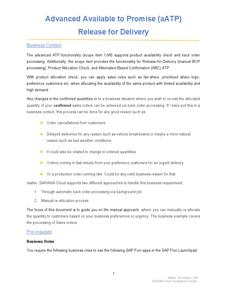 Advanced Available To Promise (aATP) Release For Delivery: Business ...