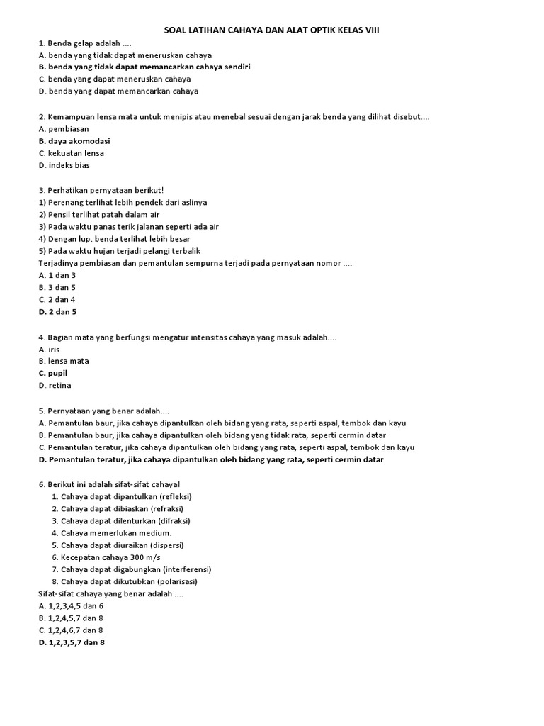 SOAL LATIHAN CAHAYA DAN ALAT OPTIK KELAS VIII + Jawaban | PDF | Griya & Taman