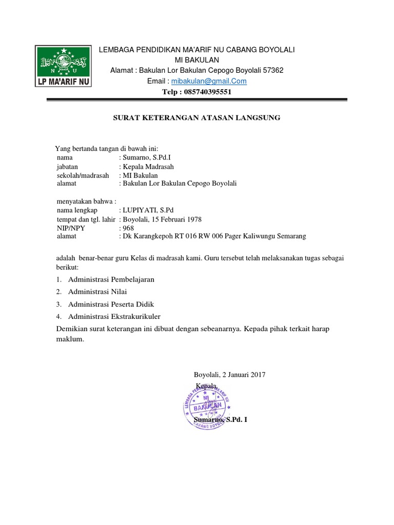 Surat Keterangan Kepsek | PDF