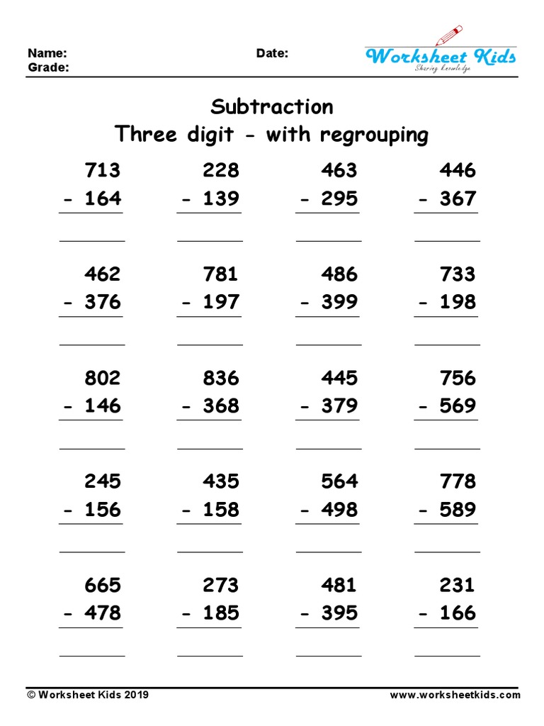 3-Digit Subtraction with Regrouping Worksheet | PDF