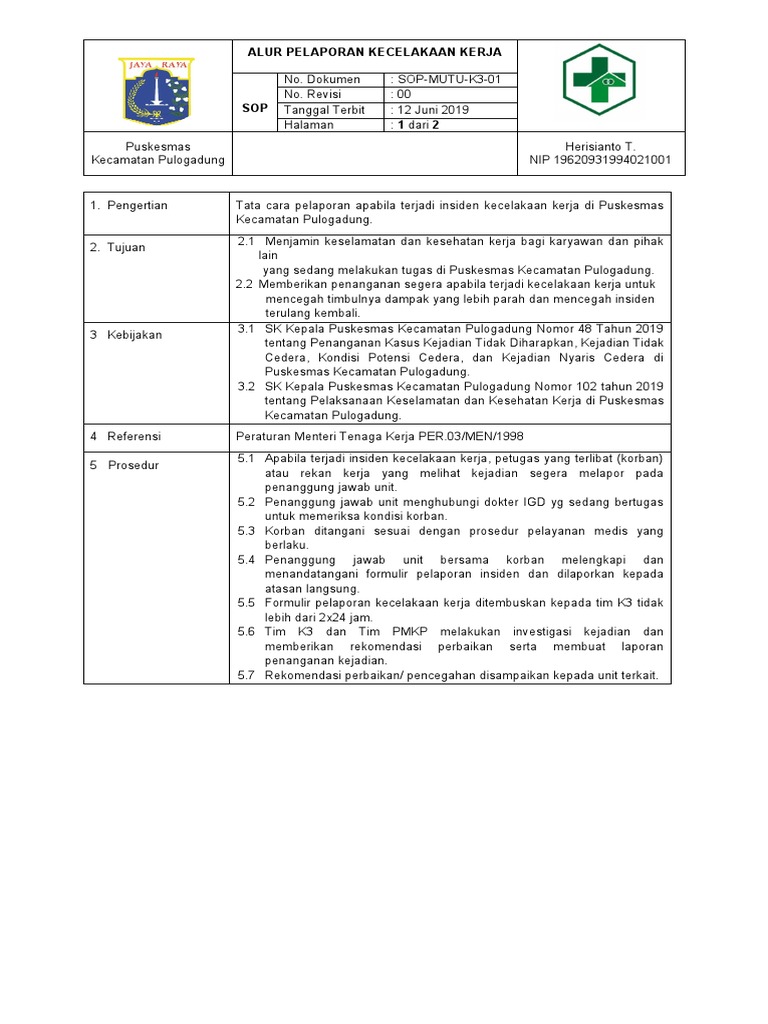 SOP-MUTU-K3-01 Alur Pelaporan Kecelakaan Kerja | PDF